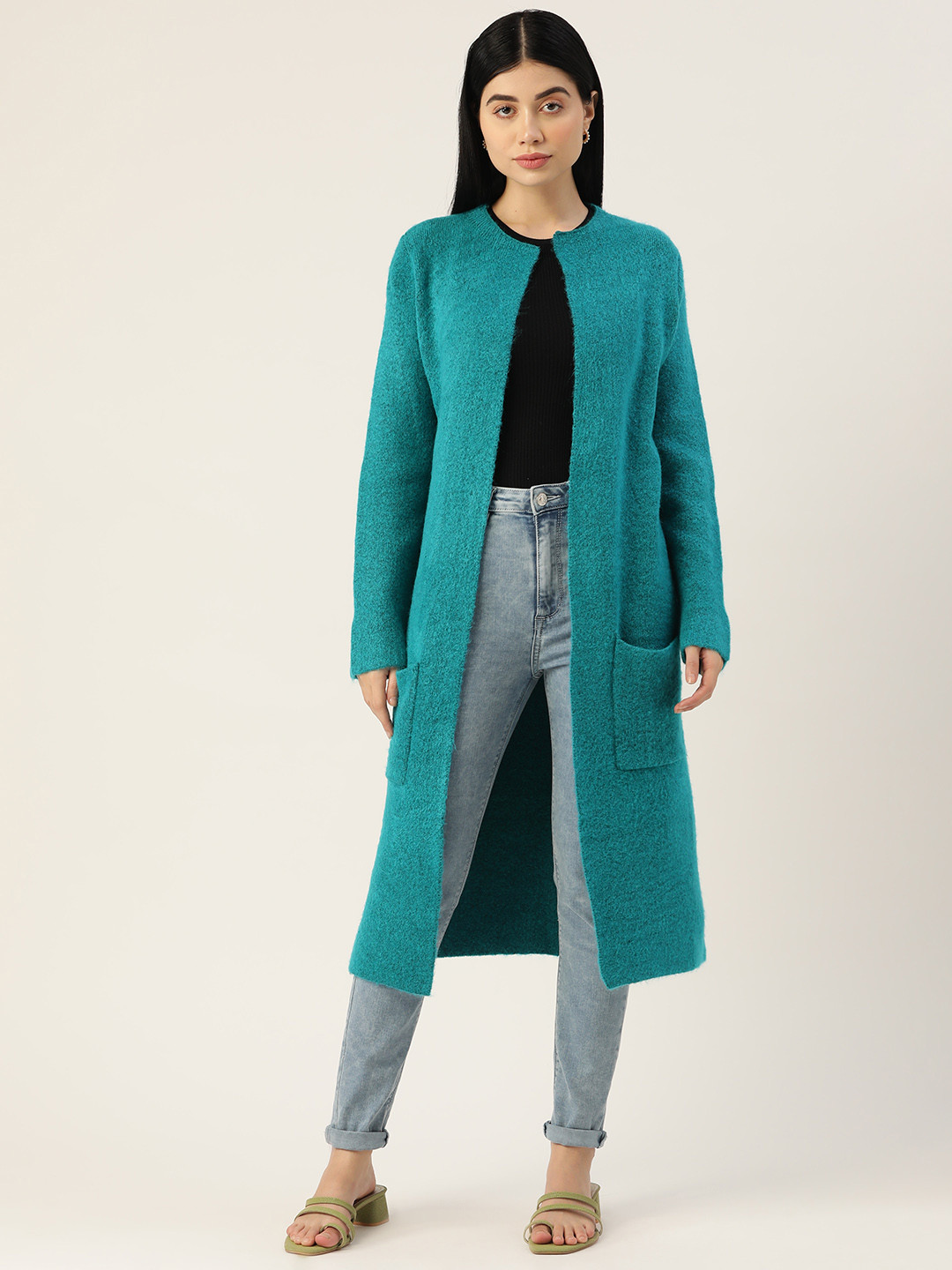 Buy Madame Women Turquoise Blue Solid Longline Front Open Cardigan ...