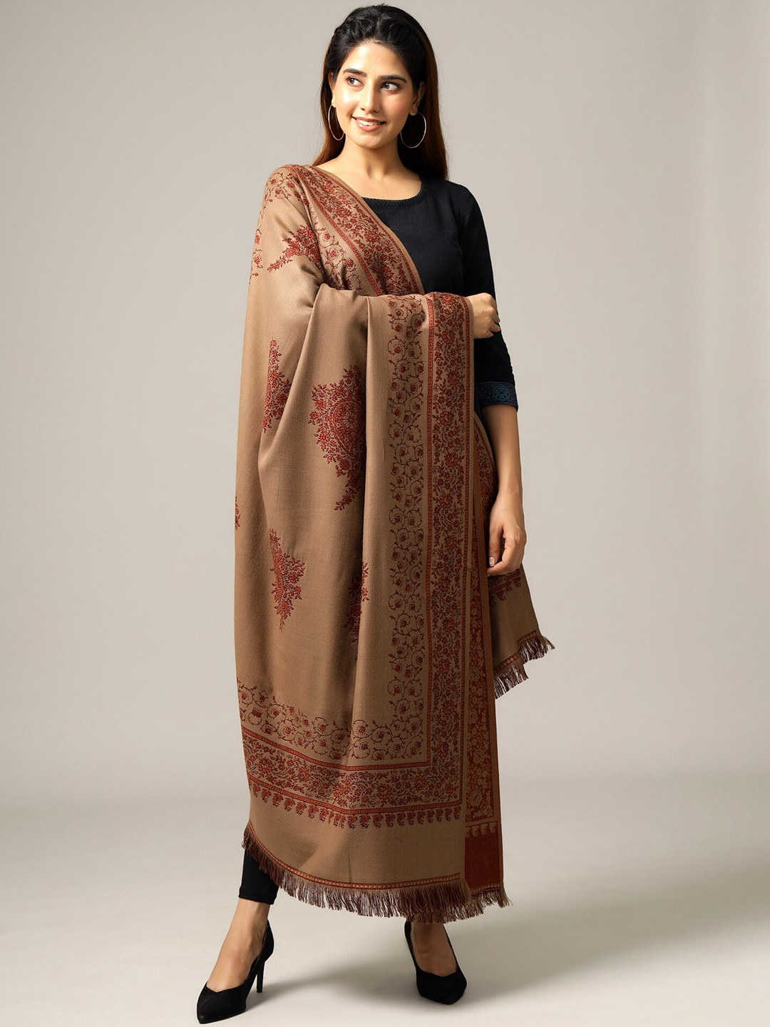 Buy HANDICRAFT PALACE Women Beige & Red Woven Design Shawl - Shawl for ...