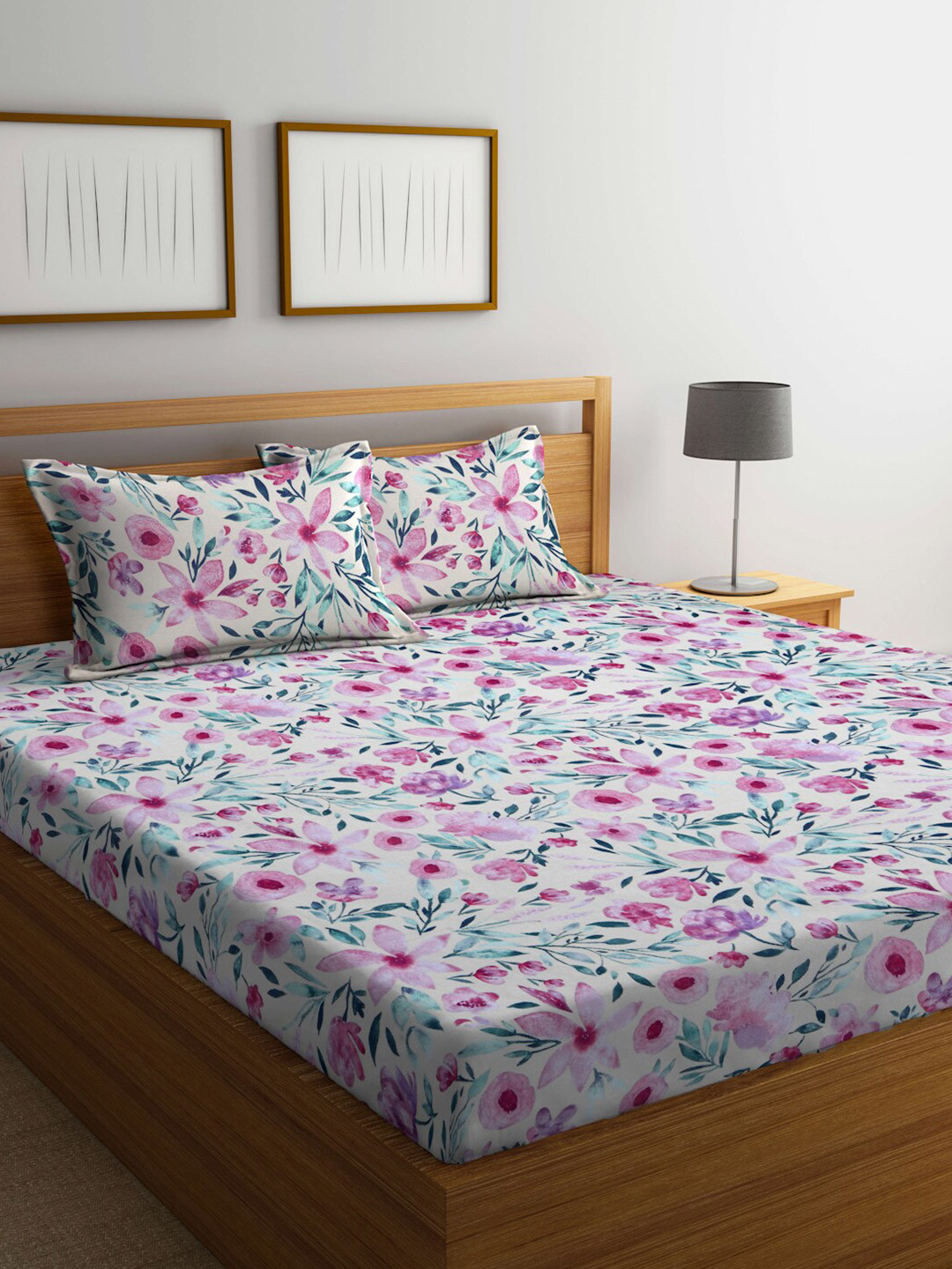 Buy BOMBAY DYEING Pink & Blue Floral Cotton 120 TC Queen Bedsheet With ...