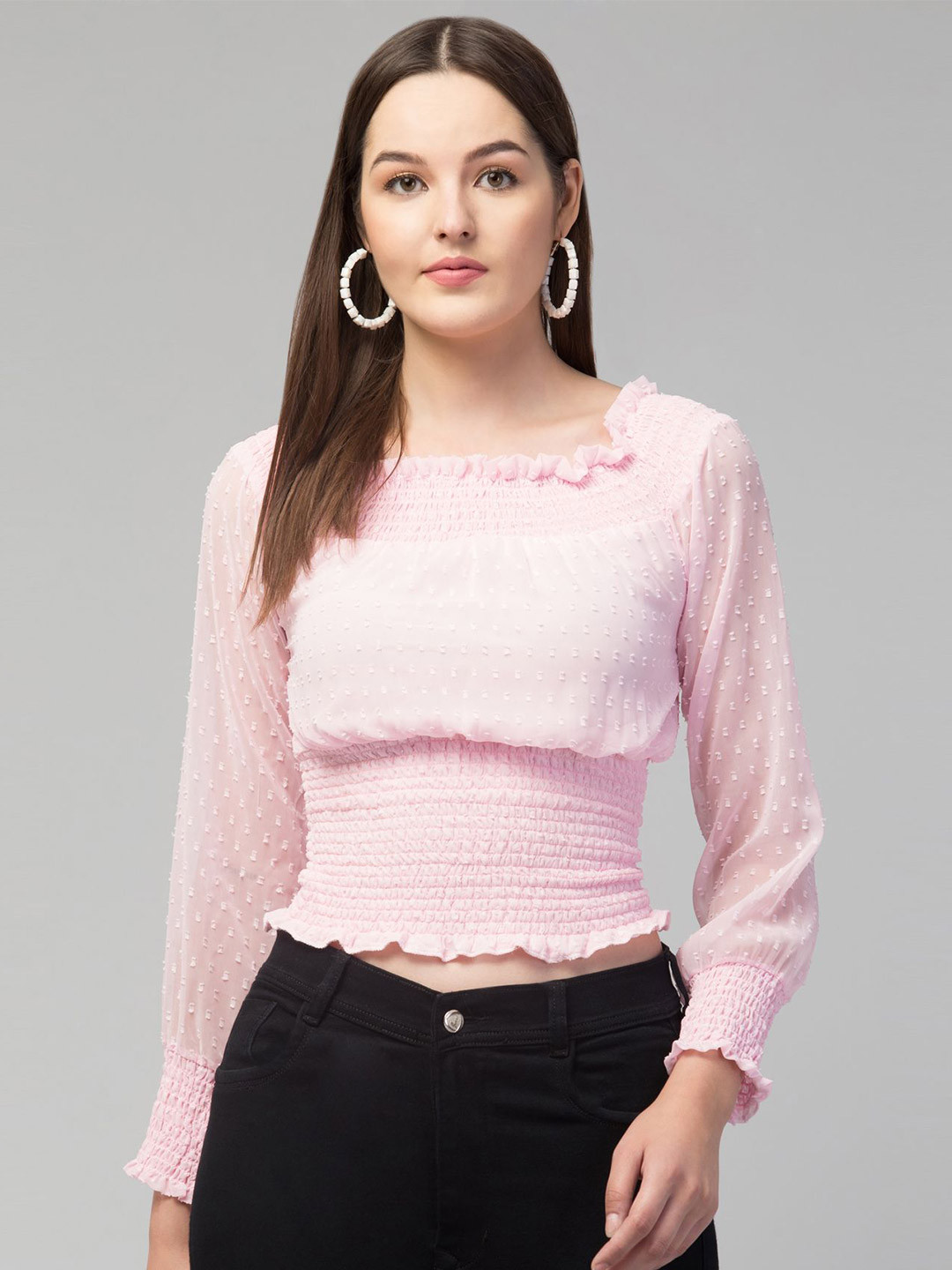 Buy Apraa & Parma Women Pink Off Shoulder Smocked Styled Back Top ...