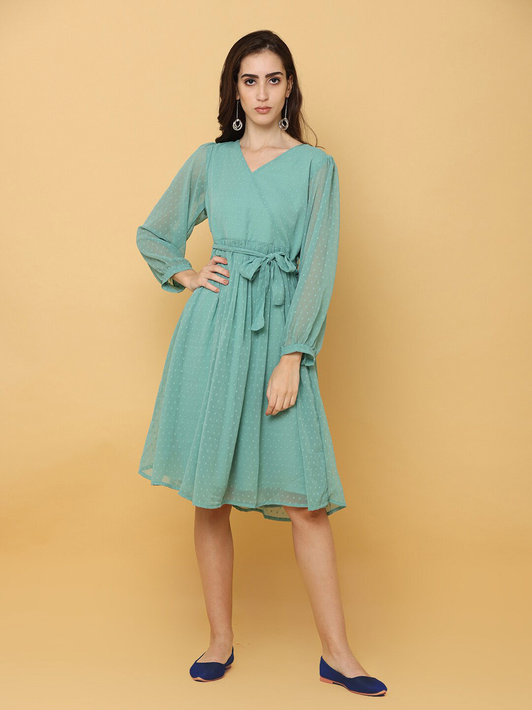 Buy NAYRA Women Sea Green Self Design Dobby Weave Dress With Belt ...