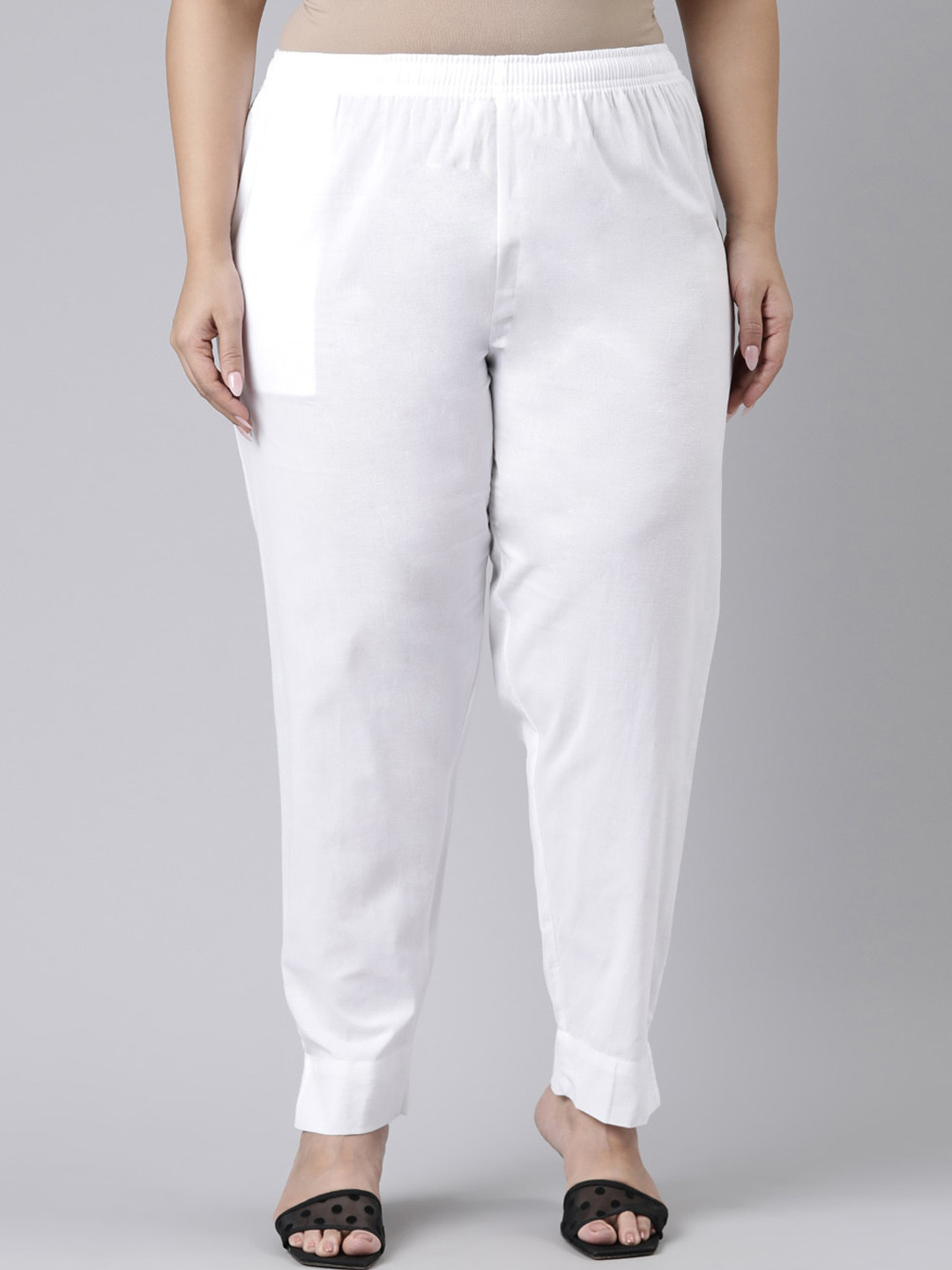 Buy Go Colors Women Plus Size White Cotton Solid Relaxed Pleated ...