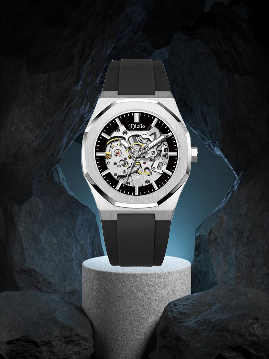 Buy DIOLLO Brass Skeleton Dial & Black Stainless Steel Straps Analogue ...
