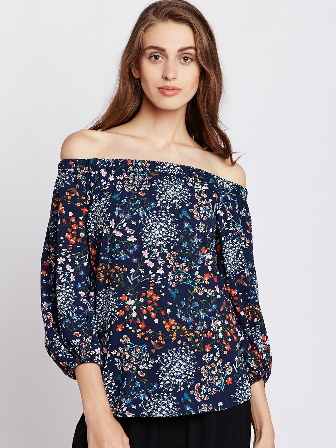 Buy COVER STORY Women Navy Floral Print Bardot Top - Tops for Women ...