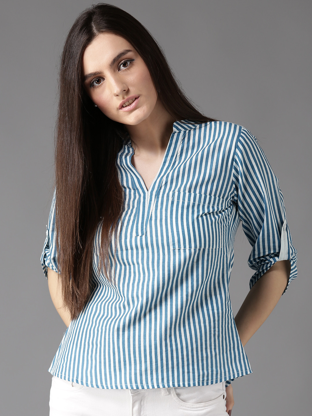 Buy HERE&NOW Women Blue Striped Shirt Style Pure Cotton Top - Tops for ...
