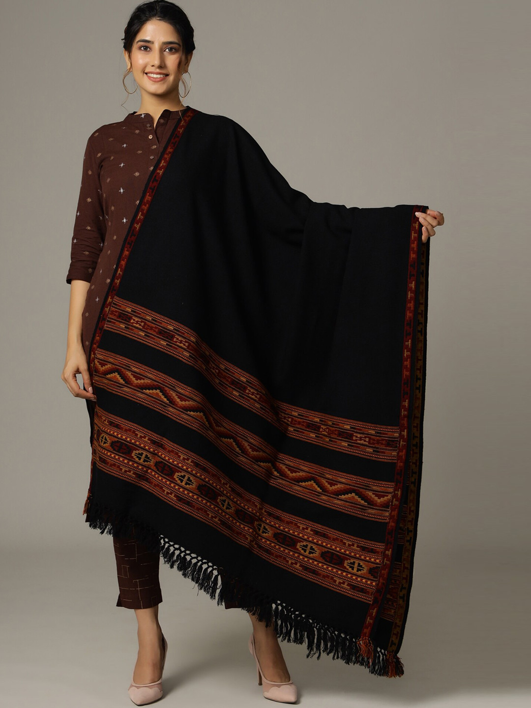 Buy HANDICRAFT PALACE Women Black Solid Hand Woven Design Wool Shawl ...