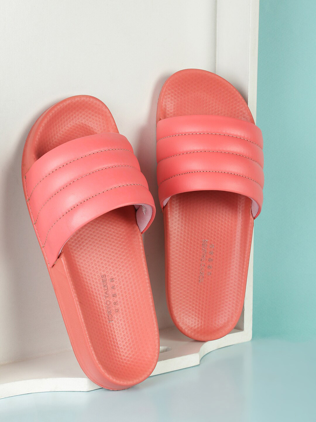 Buy Tokyo Talkies Women Coral Solid Sliders - Flip Flops for Women ...