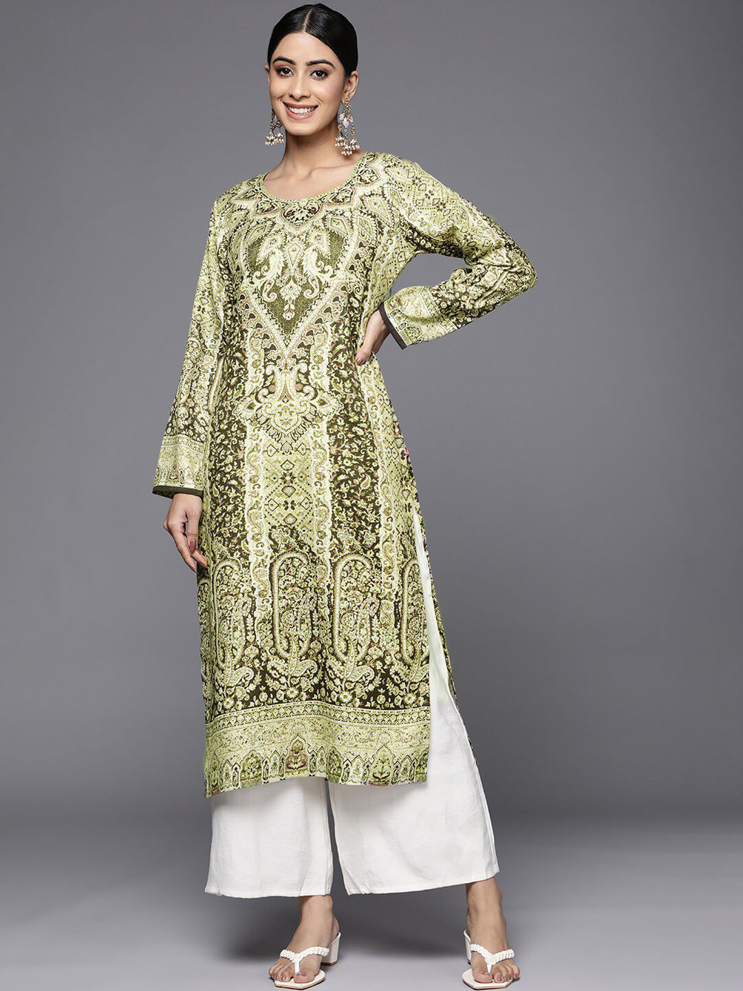 Buy Varanga Green Ethnic Motifs Printed Long Sleeves Woolen Kurta ...