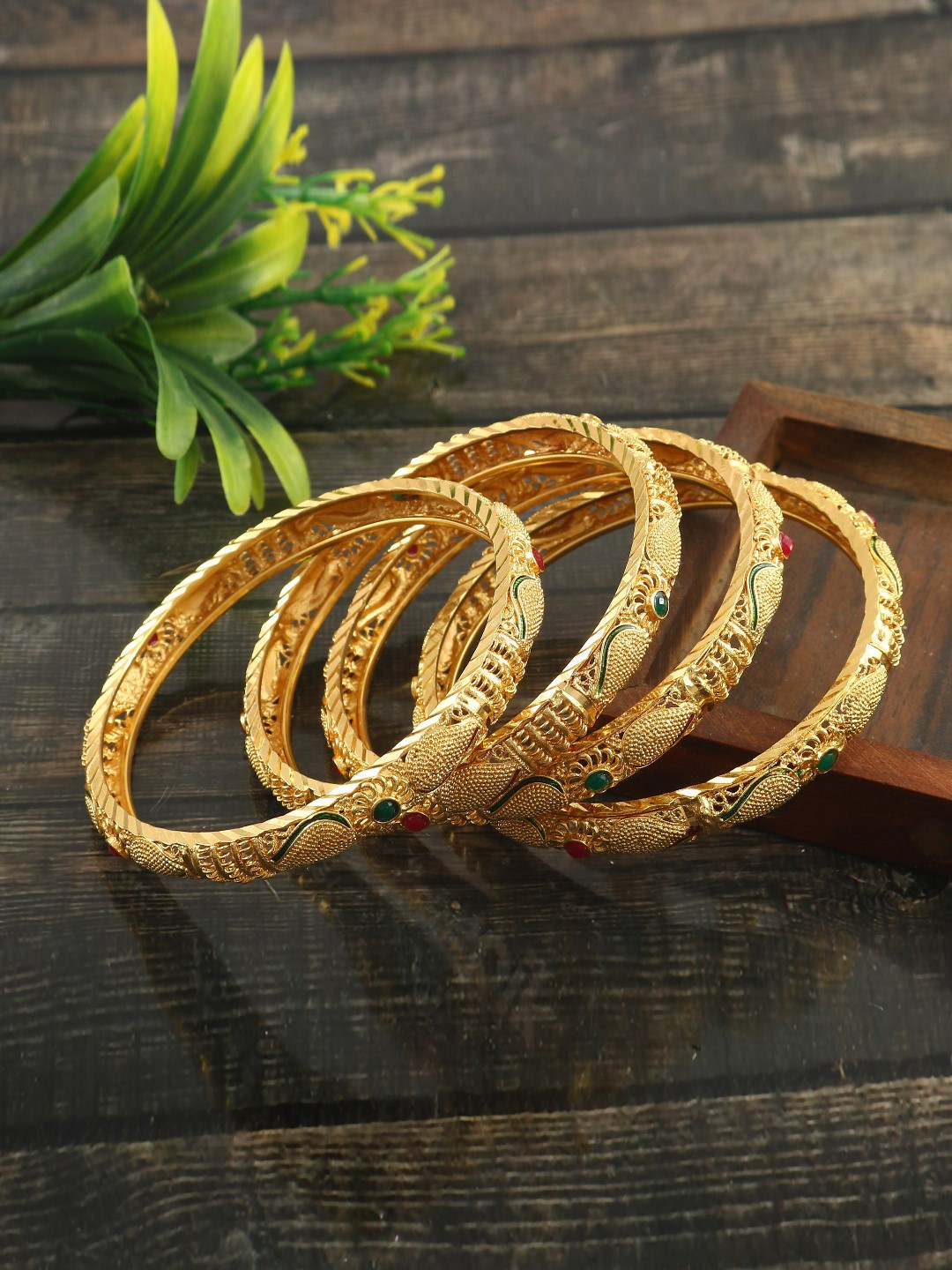 Buy Jewar Mandi Set Of 2 Gold Plated Red & Green CZ Studded Bangle ...