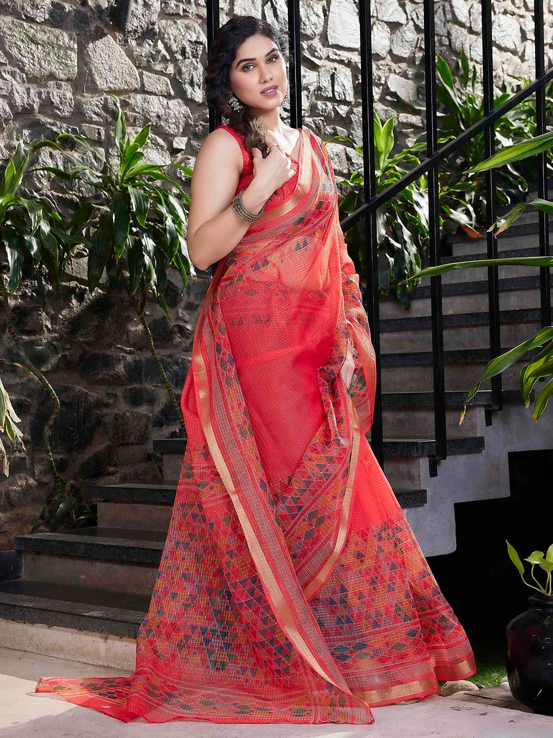 Buy KALINI Pink & Green Checked Zari Organza Saree - Sarees for Women ...