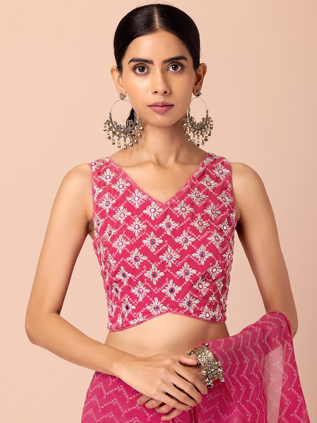 Buy Indya Pink And Silver Toned Embroidered Georgette Crop Top Tops For