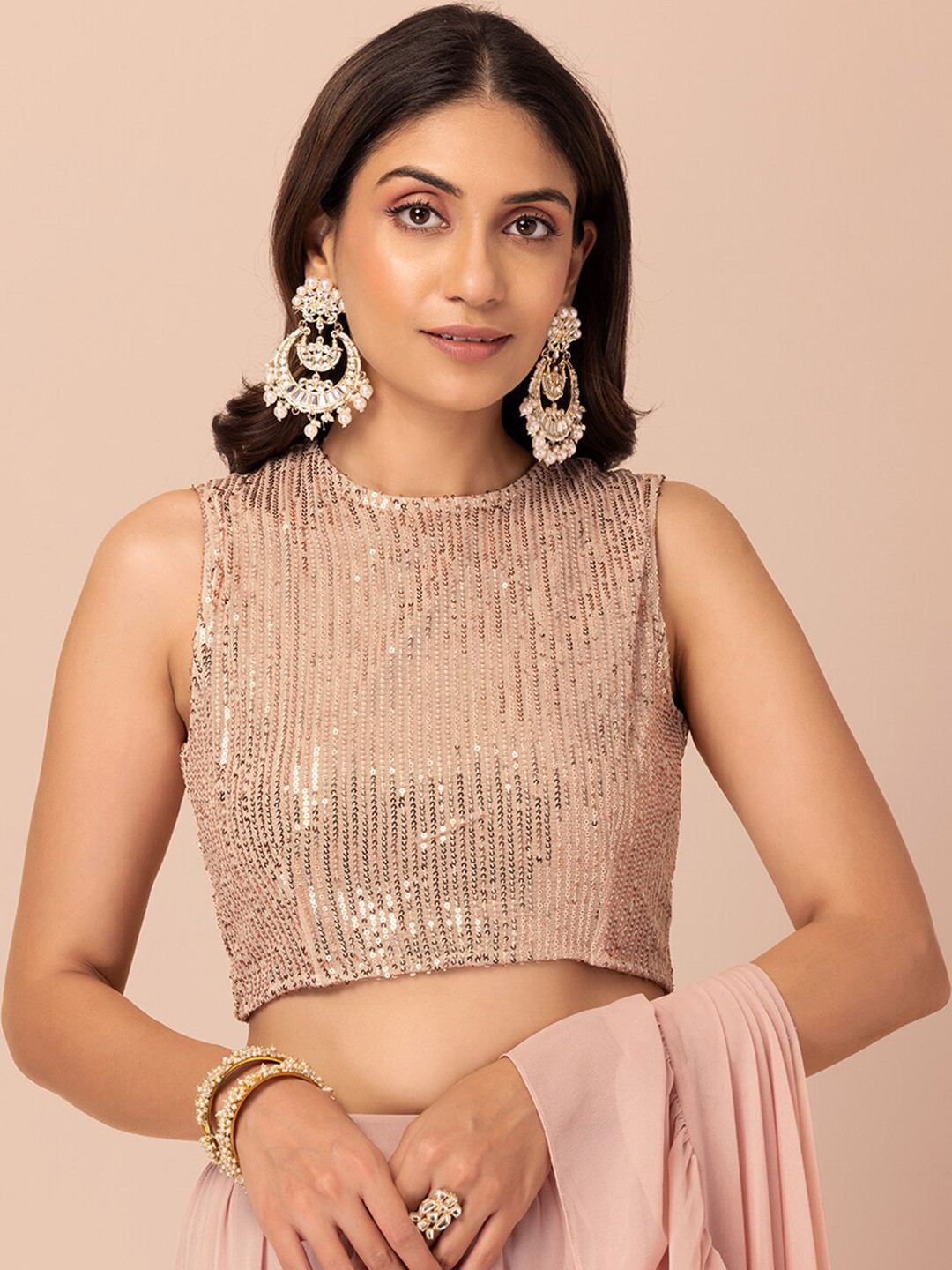 Buy INDYA Gold Toned Sequinned Embellished Crop Top - Tops for Women ...