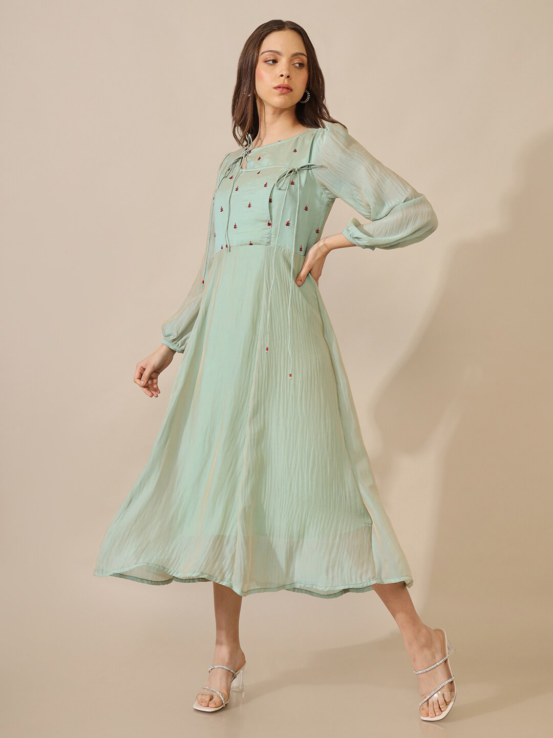 Buy Saaki Green Embroidered Georgette A Line Midi Dress - Dresses for ...