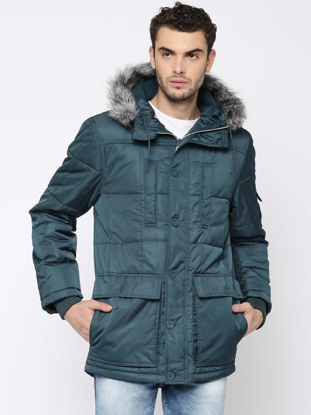 Buy Voi Jeans Men Teal Blue Solid Padded Jacket - Jackets for Men ...