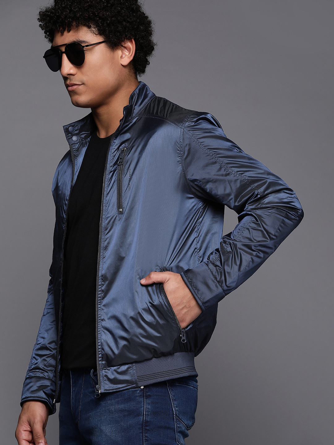 Buy Allen Solly Men Navy Blue Solid Bomber Jacket - Jackets for Men ...