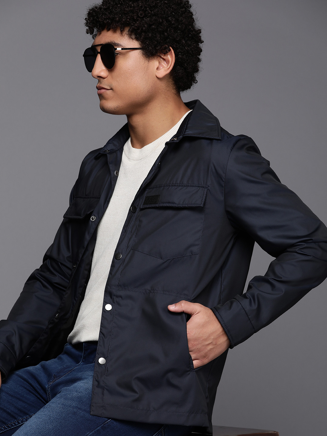 Buy Allen Solly Navy Blue Solid Pocket Detail Tailored Jacket - Jackets ...