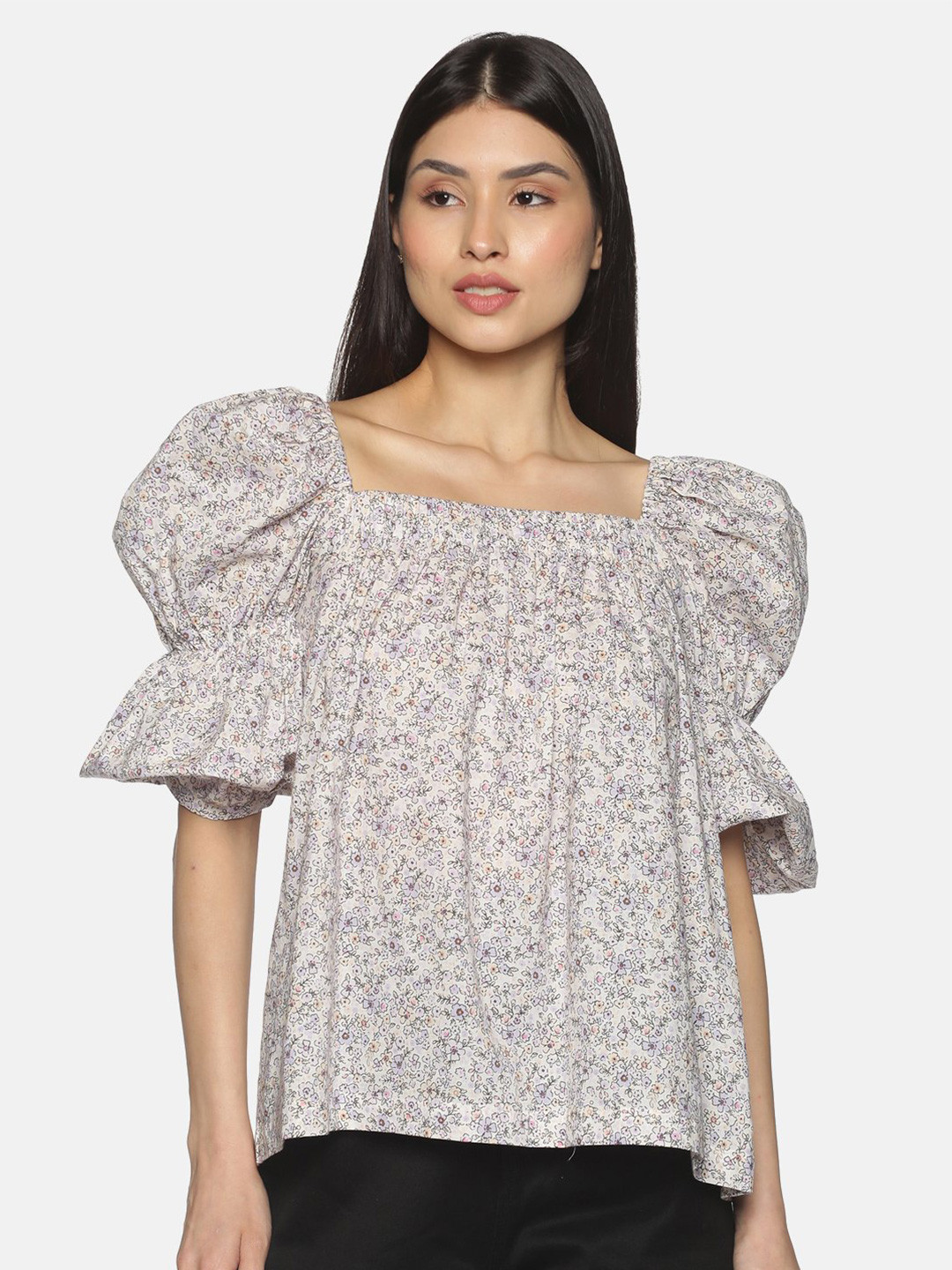 Buy HERE&NOW Violet Floral Printed Pure Cotton A Line Top - Tops for ...