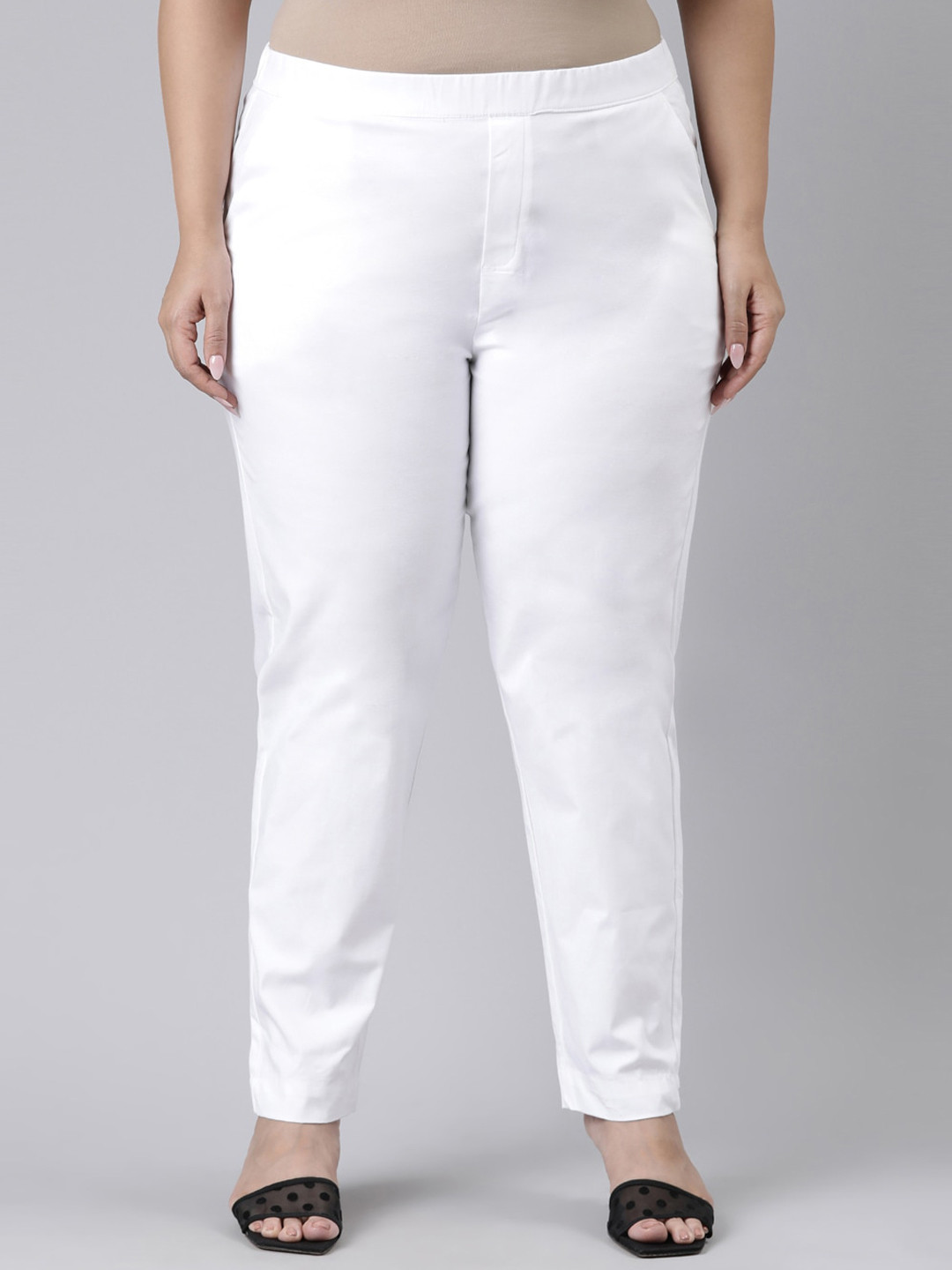 Buy Go Colors Women Plus Size White Cotton Straight Fit Trousers ...