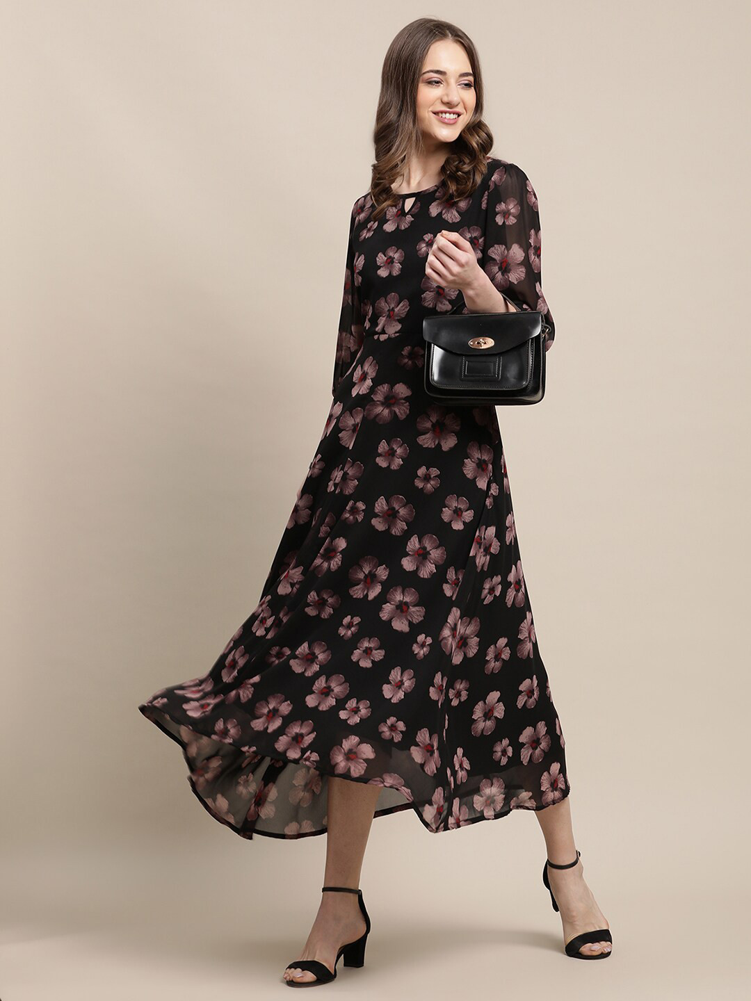 Buy Fabflee Women Black Floral Keyhole Neck A Line Midi Dress - Dresses ...