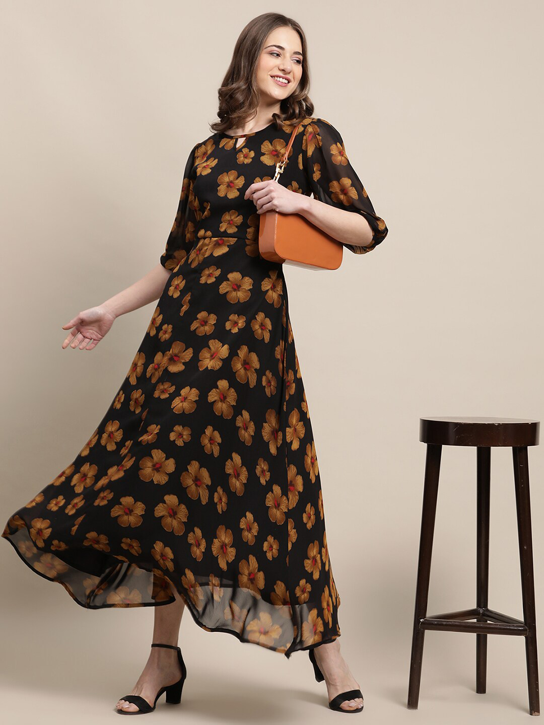 Buy Fabflee Women Black Floral Keyhole Neck A Line Maxi Dress - Dresses ...