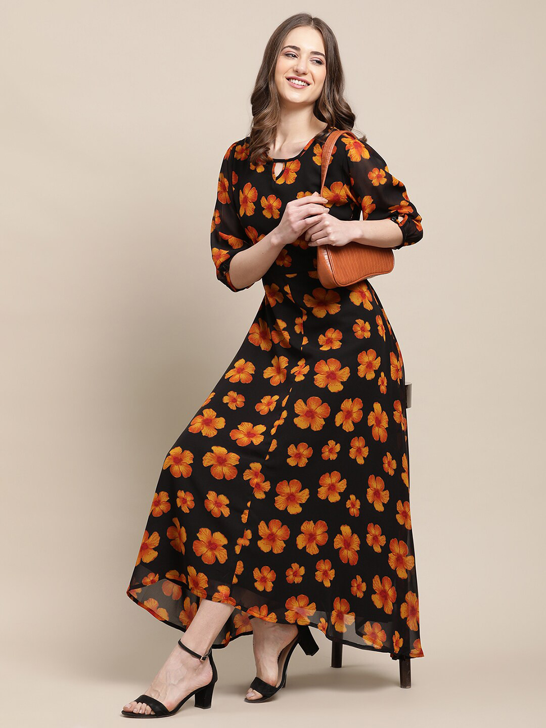 Buy Fabflee Women Black Floral Keyhole Neck Maxi Dress - Dresses for ...