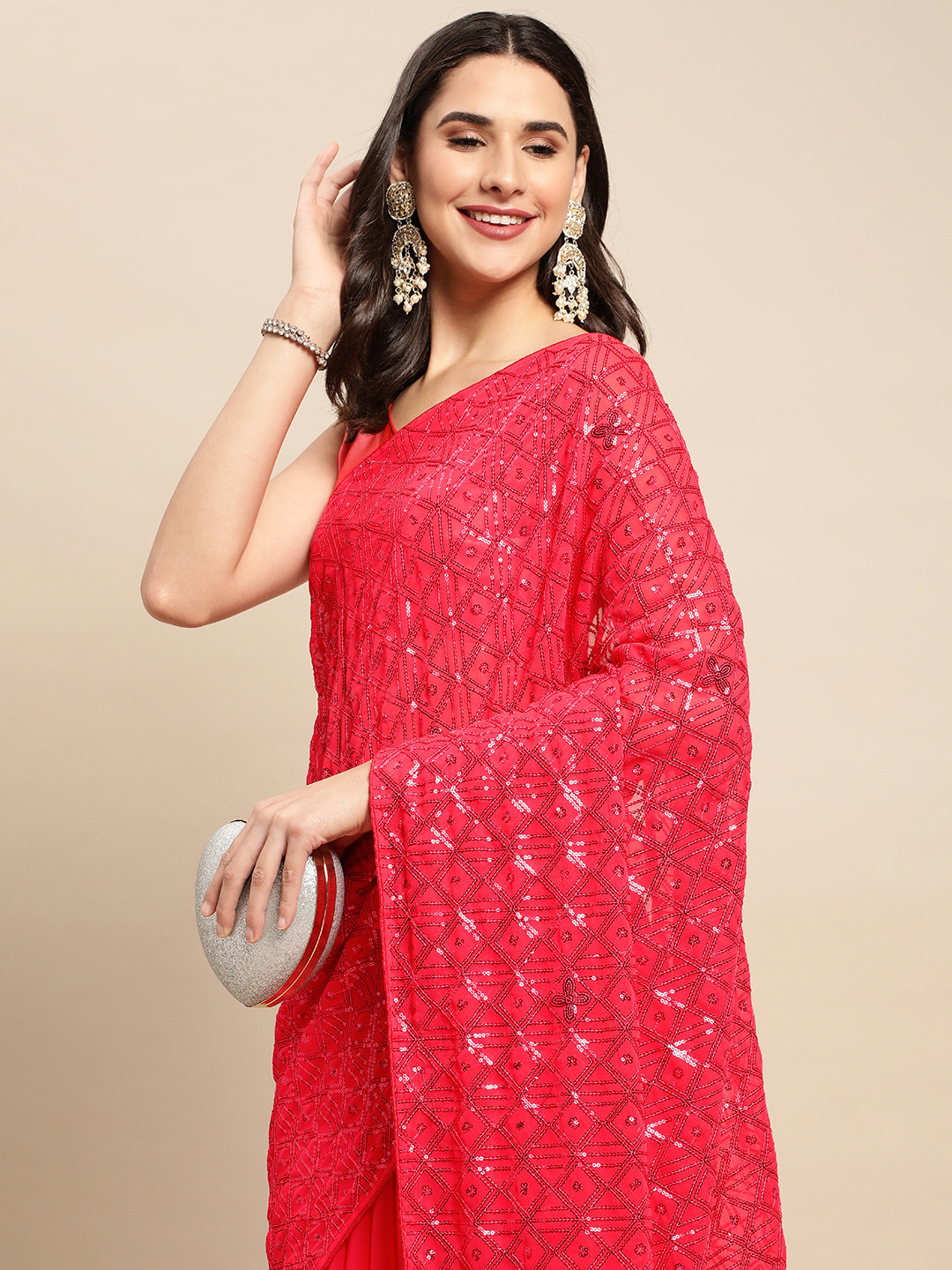 Buy HERE&NOW Pink Checked Sequinned Saree - Sarees for Women 20782086 ...