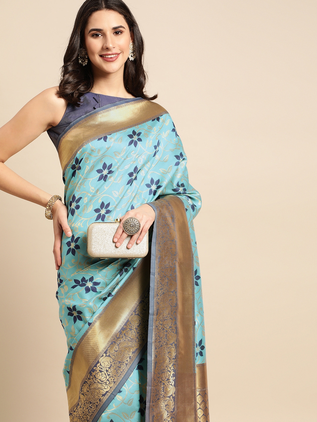 Buy Hereandnow Blue And Gold Toned Ethnic Motifs Silk Blend Saree Sarees
