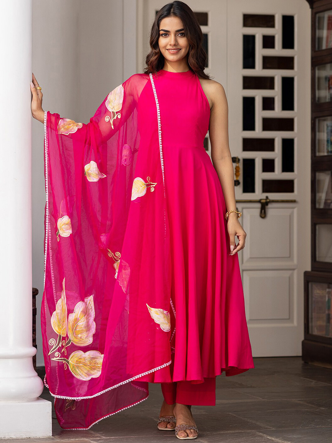 Buy Ambraee Women Pink Pleated Kurta With Trousers & Dupatta - Kurta ...