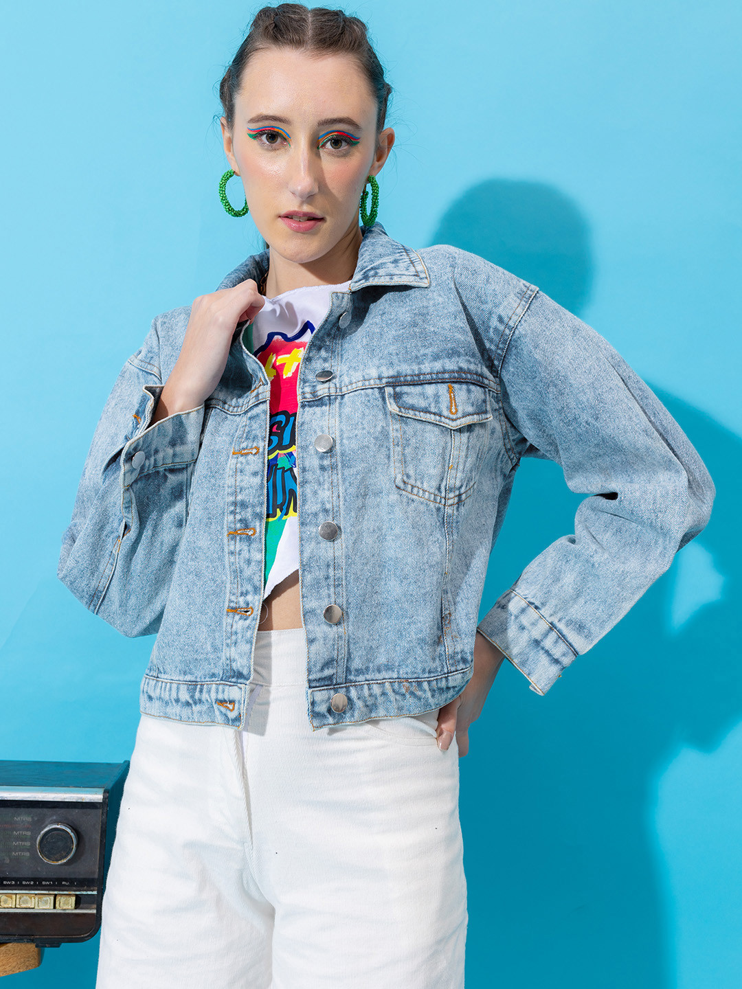 Buy Stylecast X Hersheinbox Cerulean Blue Printed Denim Jacket ...