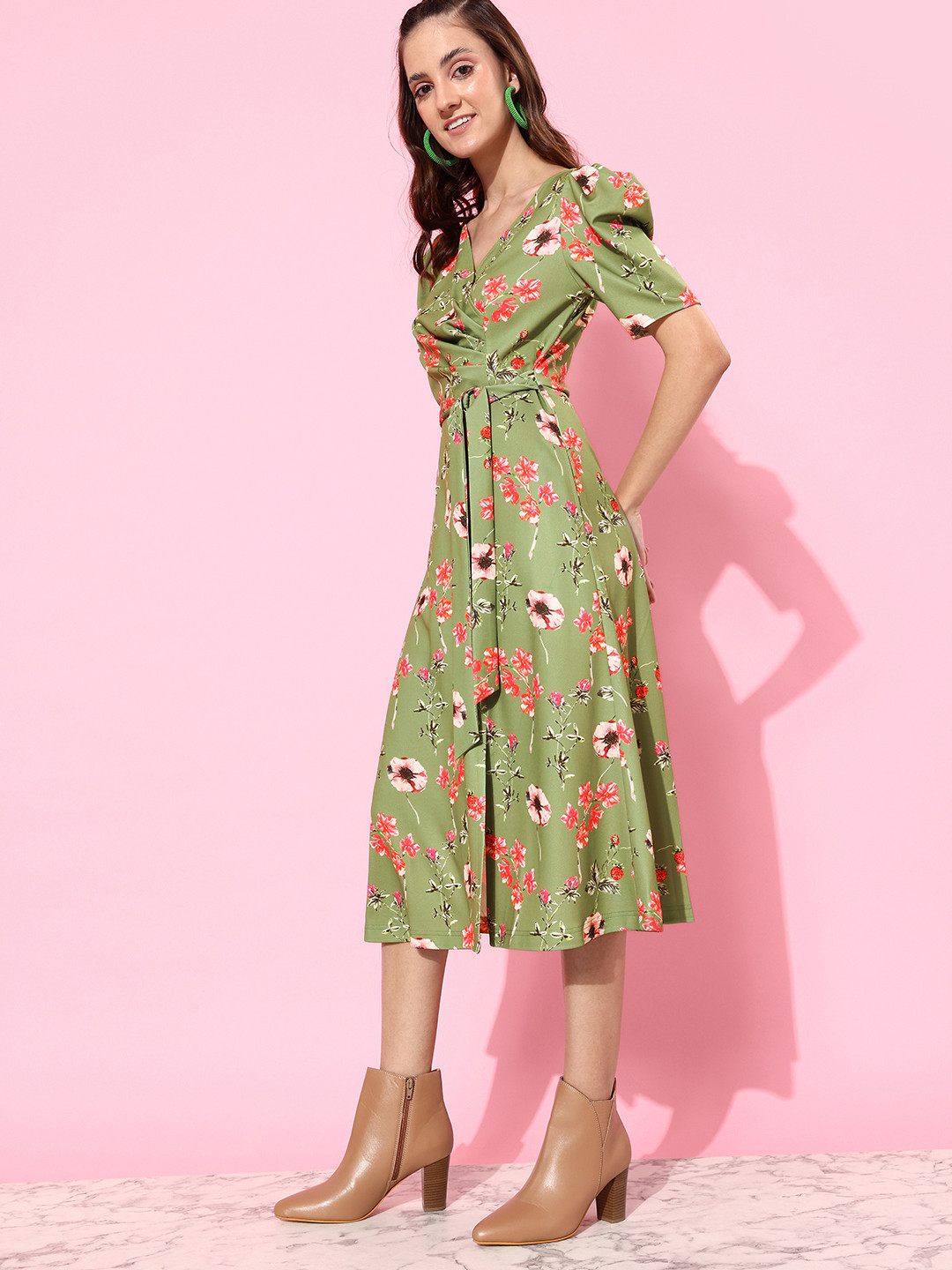 Buy Miss Chase Olive Green & Pink Floral Midi Dress - Dresses for Women ...