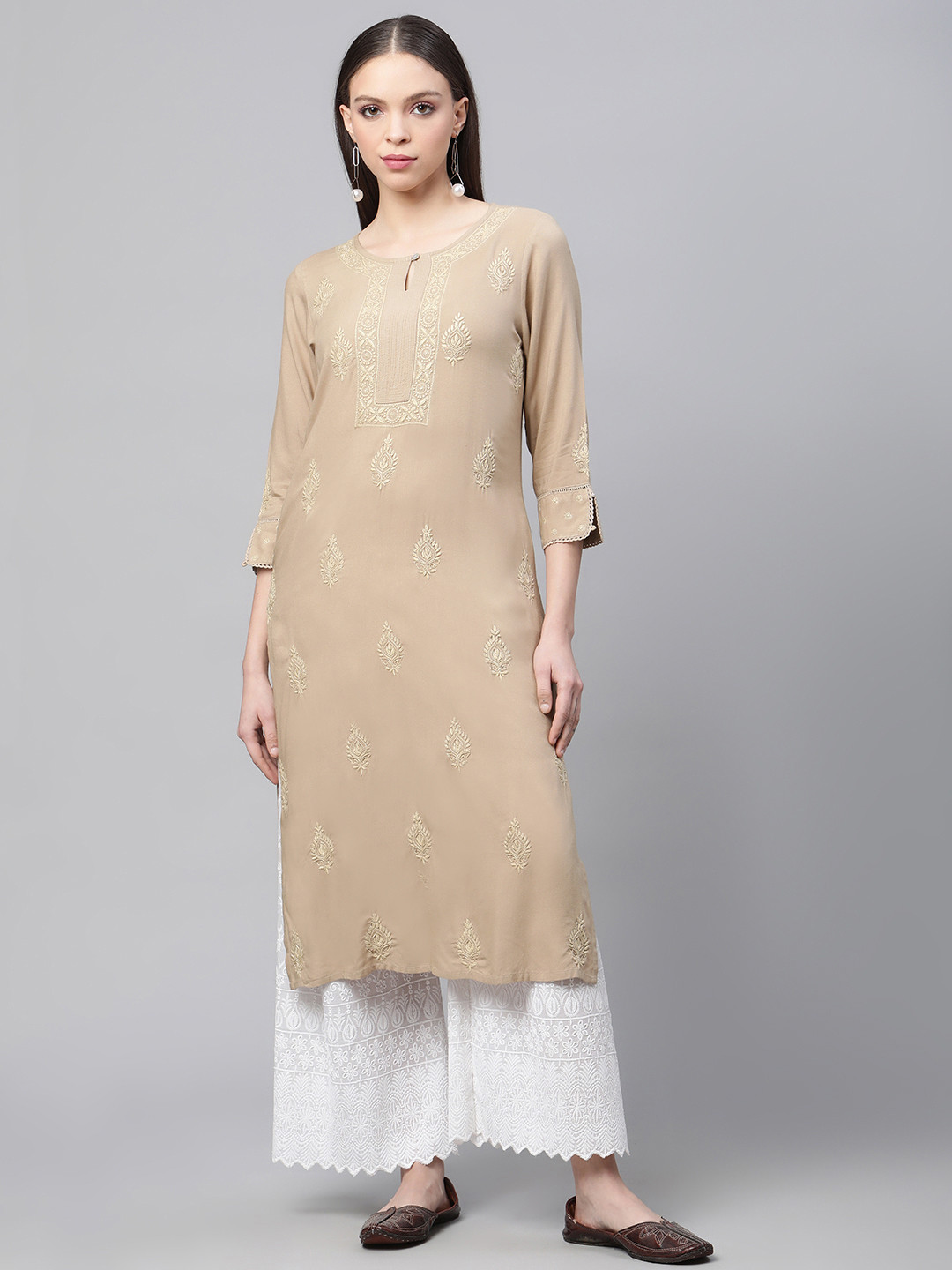 Buy Akheri Women Ethnic Motifs Embroidered Chikankari Kurta - Kurtas ...