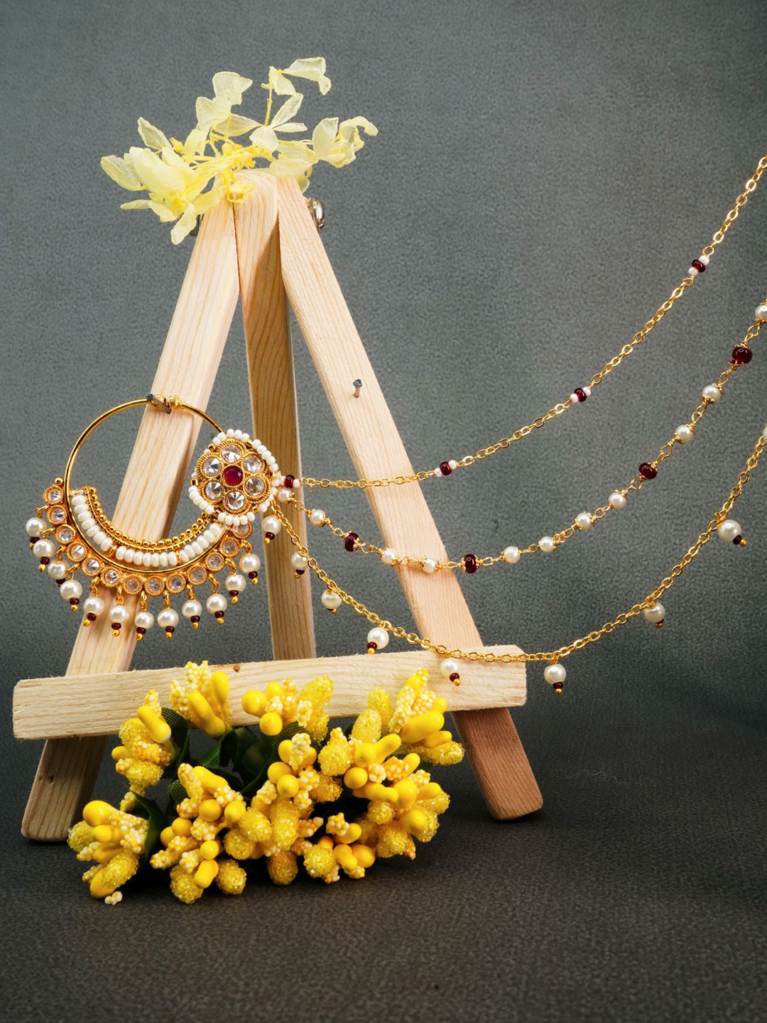 Buy GRIIHAM Gold Plated White & Red Stone Studded Clip On Nosepin With Beaded Extension ...