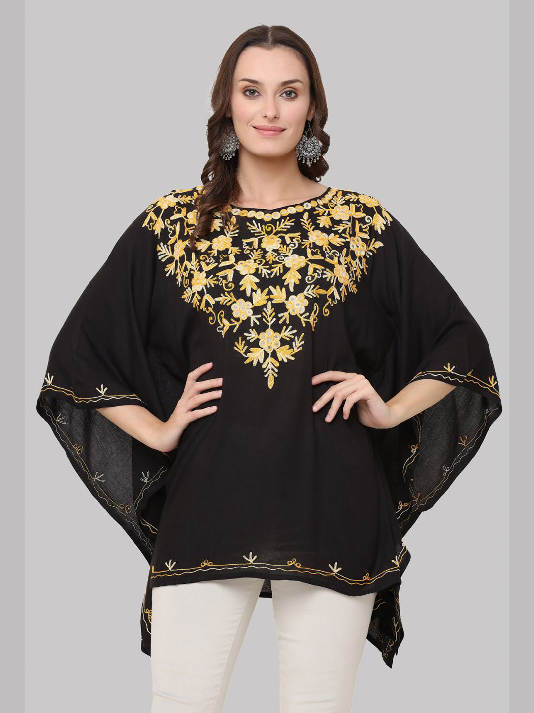 Buy SAAKAA Women Black Floral Embroidered Kaftan Top - Tops for Women ...