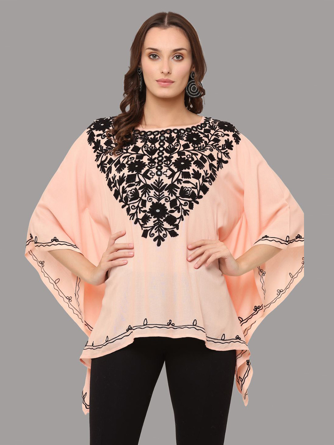 Buy SAAKAA Women Peach Coloured Floral Embroidered Kaftan Top - Tops ...