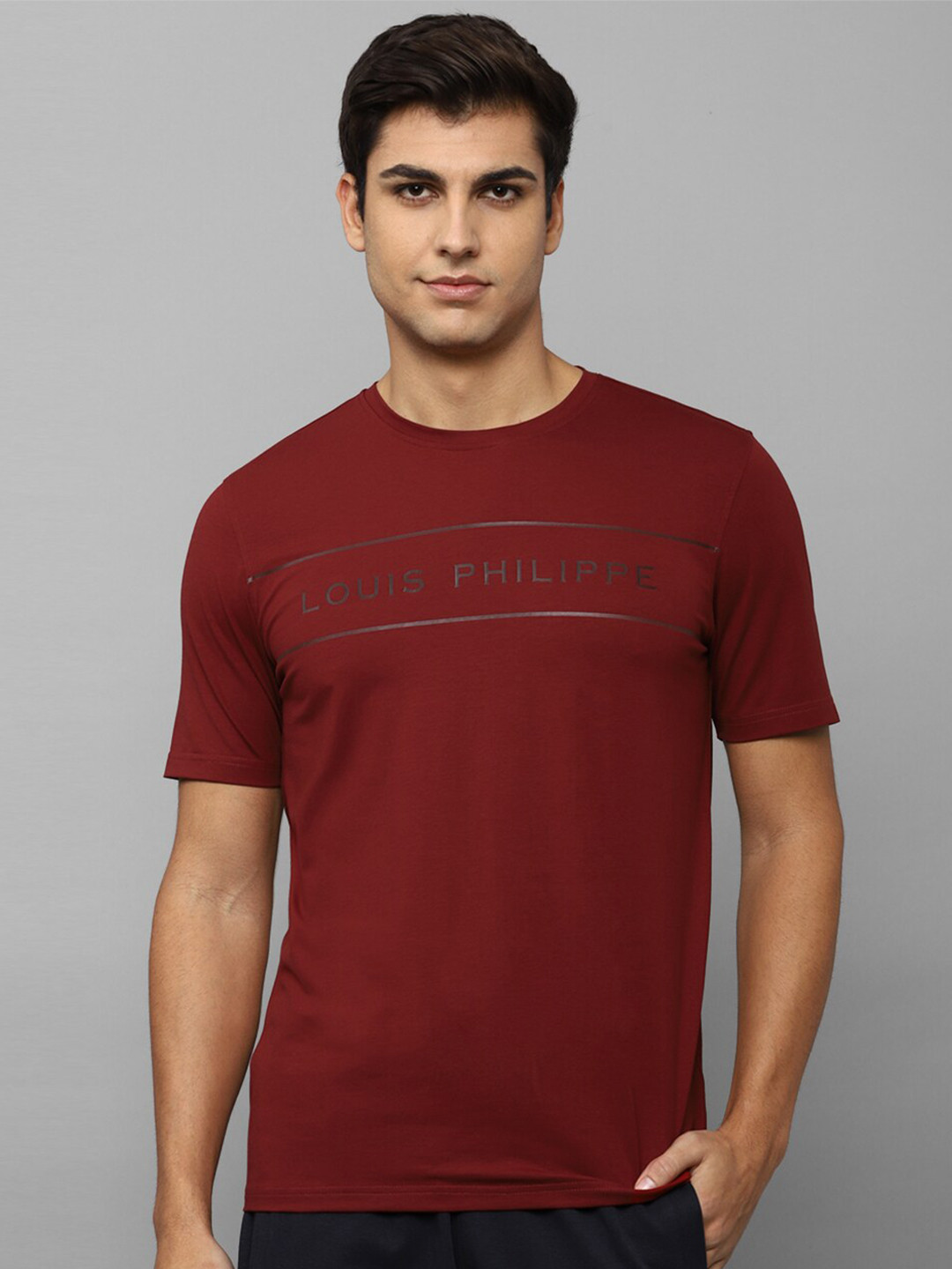Buy Louis Philippe Men Maroon Brand Logo Printed Slim Fit T Shirt ...