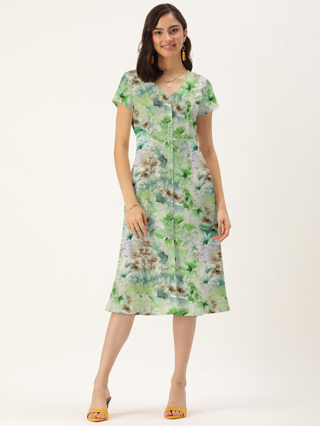Buy DressBerry Women Green V Neck Floral A Line Dress - Dresses for ...