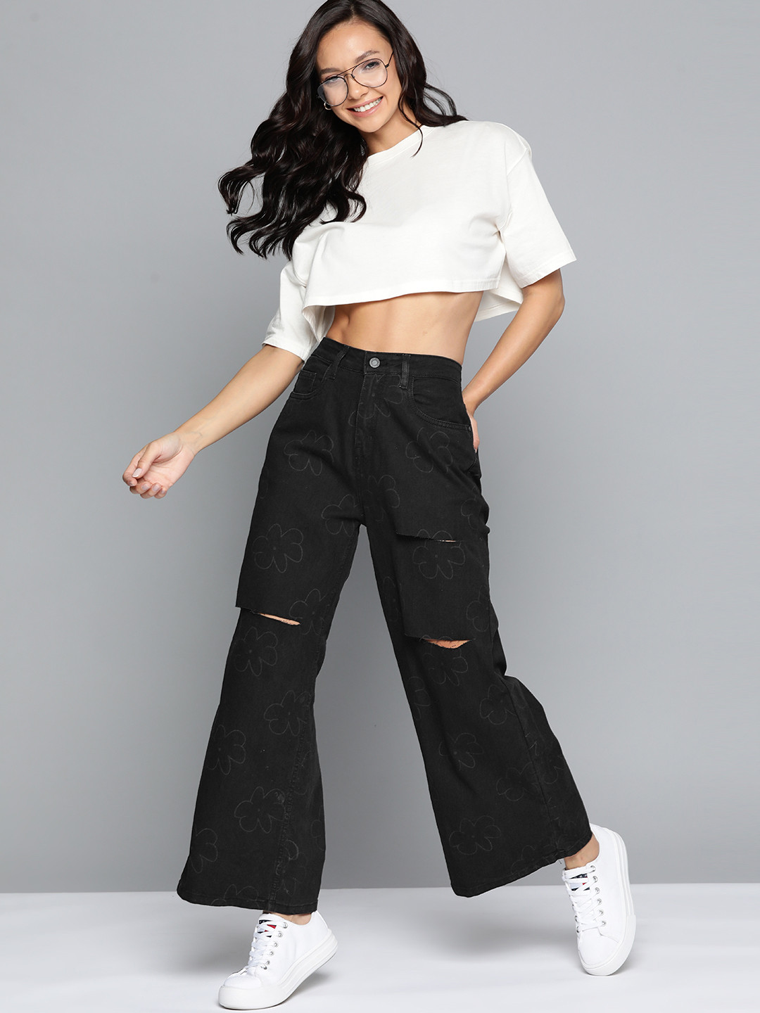Buy Mast & Harbour Women Wide Leg Slash Knee Printed Stretchable Jeans ...