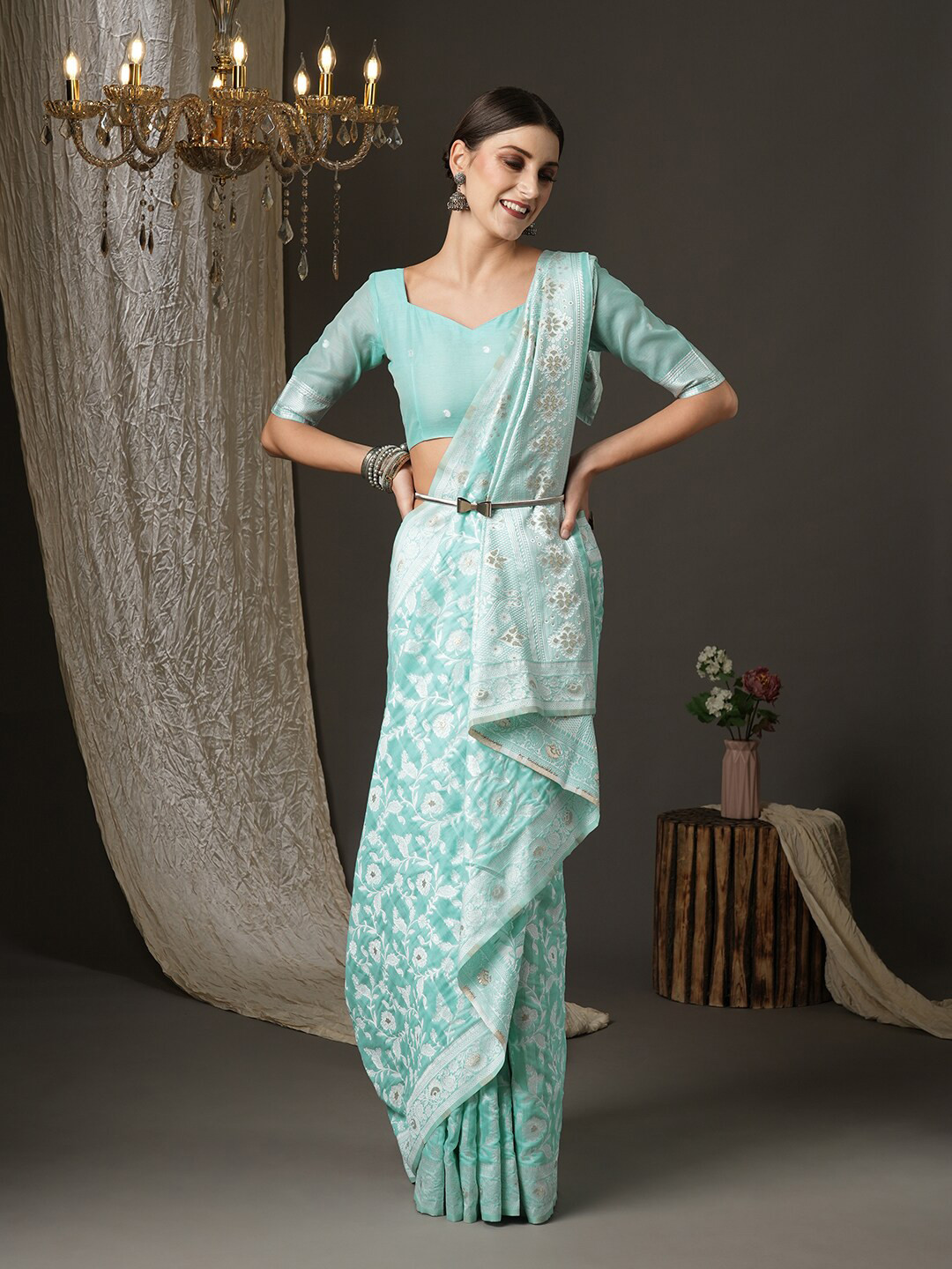 Buy Saree Mall Turquoise Blue & Silver Toned Woven Design Silk Cotton ...