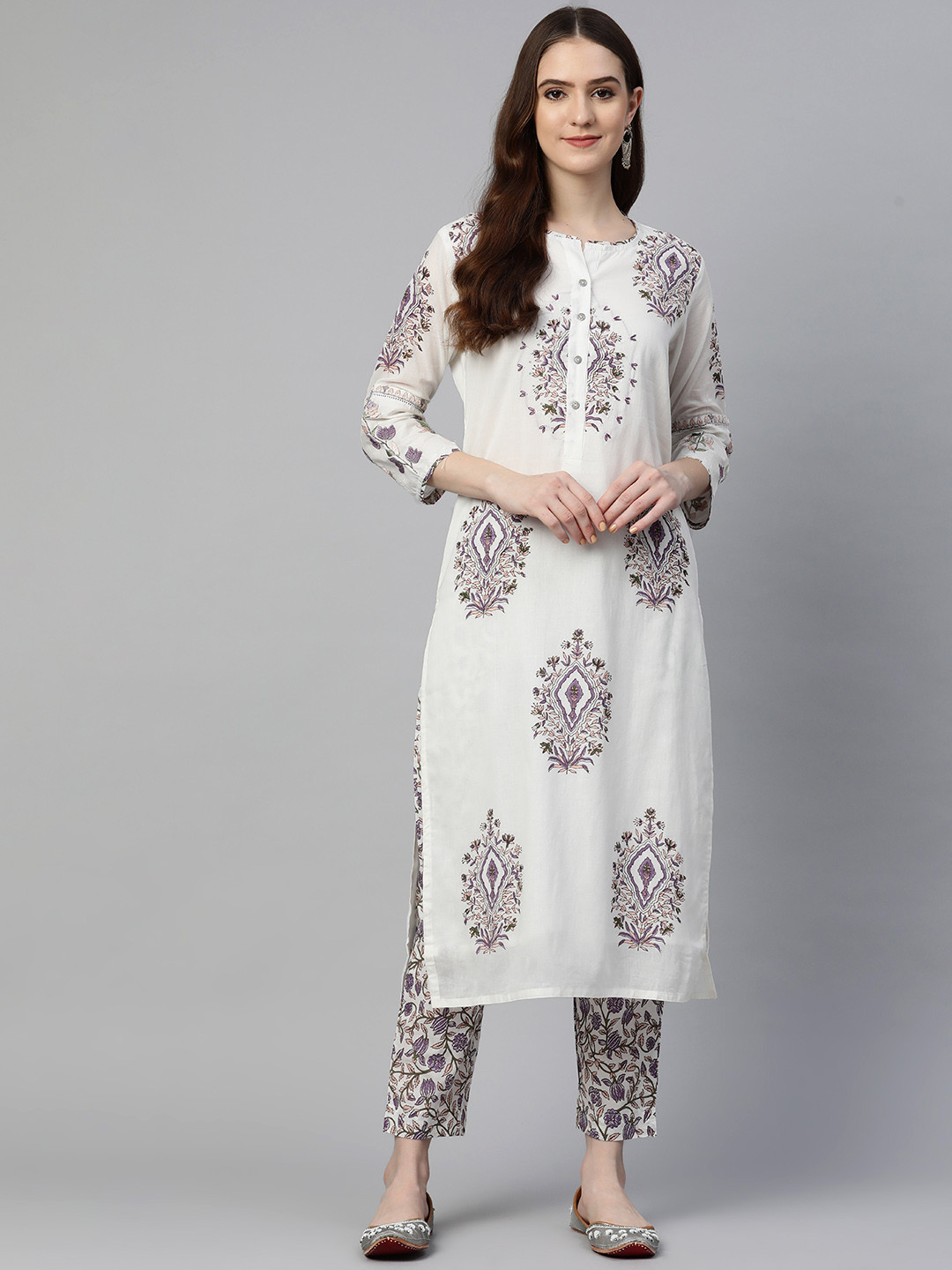 Buy Readiprint Fashions Women White Ethnic Motifs Printed Thread Work ...