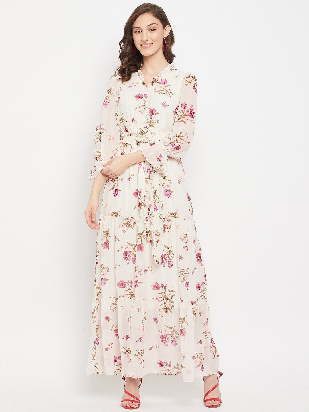 Buy Madame Women Off White & Pink Floral Maxi Maxi Dress - Dresses for ...