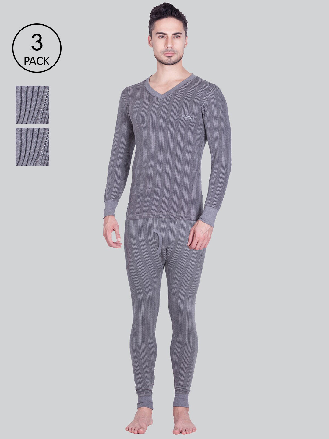 Buy INFERNO Men Pack Of 3 Grey Striped Thermal Set - Thermal Set for ...