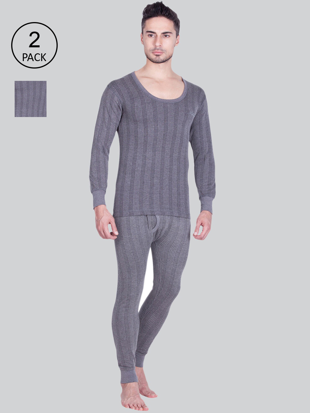Buy INFERNO Men Grey Pack Of 2 Striped Thermal Set - Thermal Set for ...