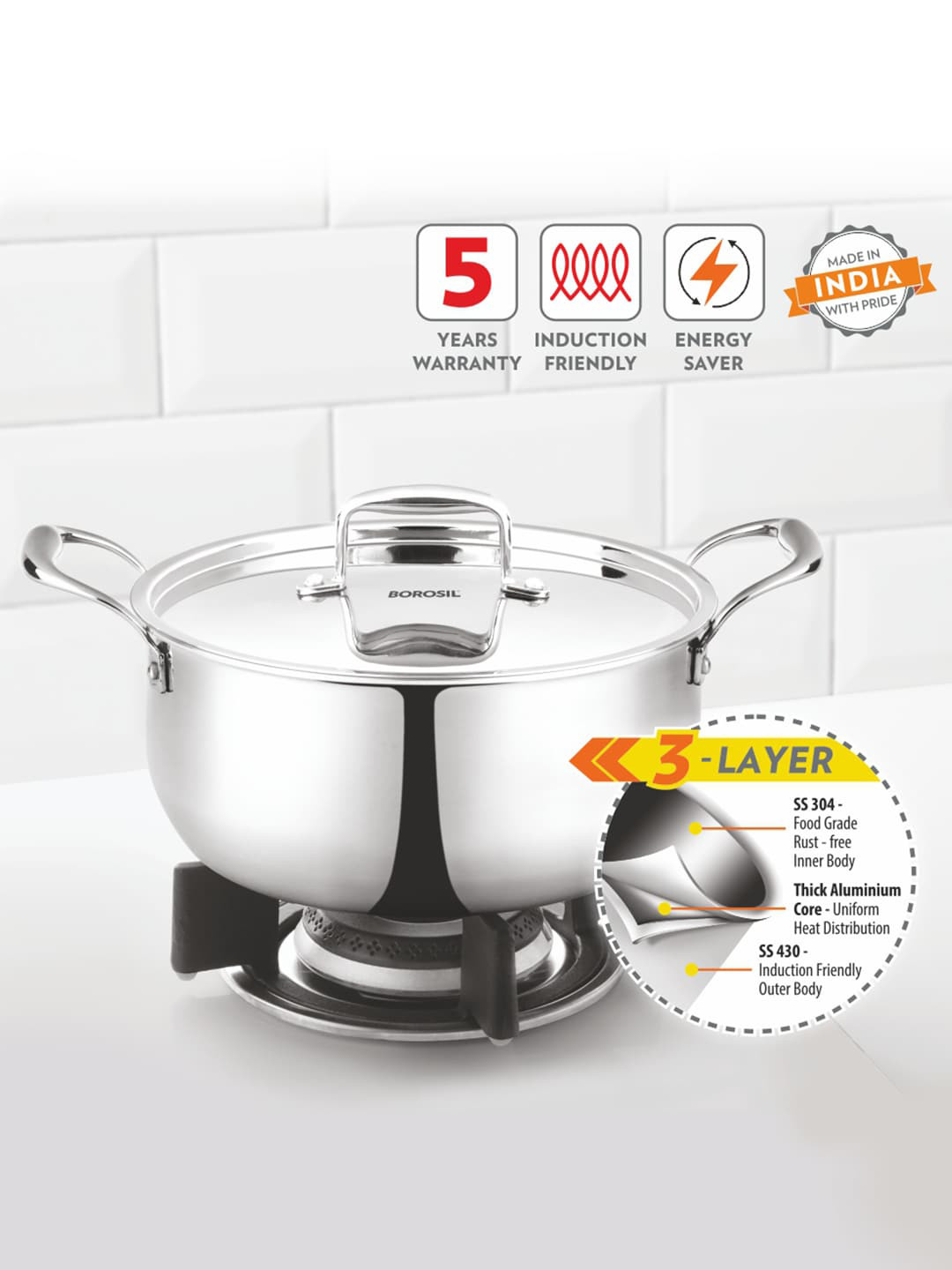 Buy BOROSIL Silver Toned Cookfresh Stainless Steel Induction Casserole ...