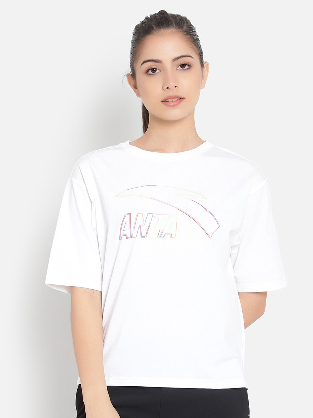 Buy Anta Women White Typography Printed Cotton T Shirt - Tshirts for ...