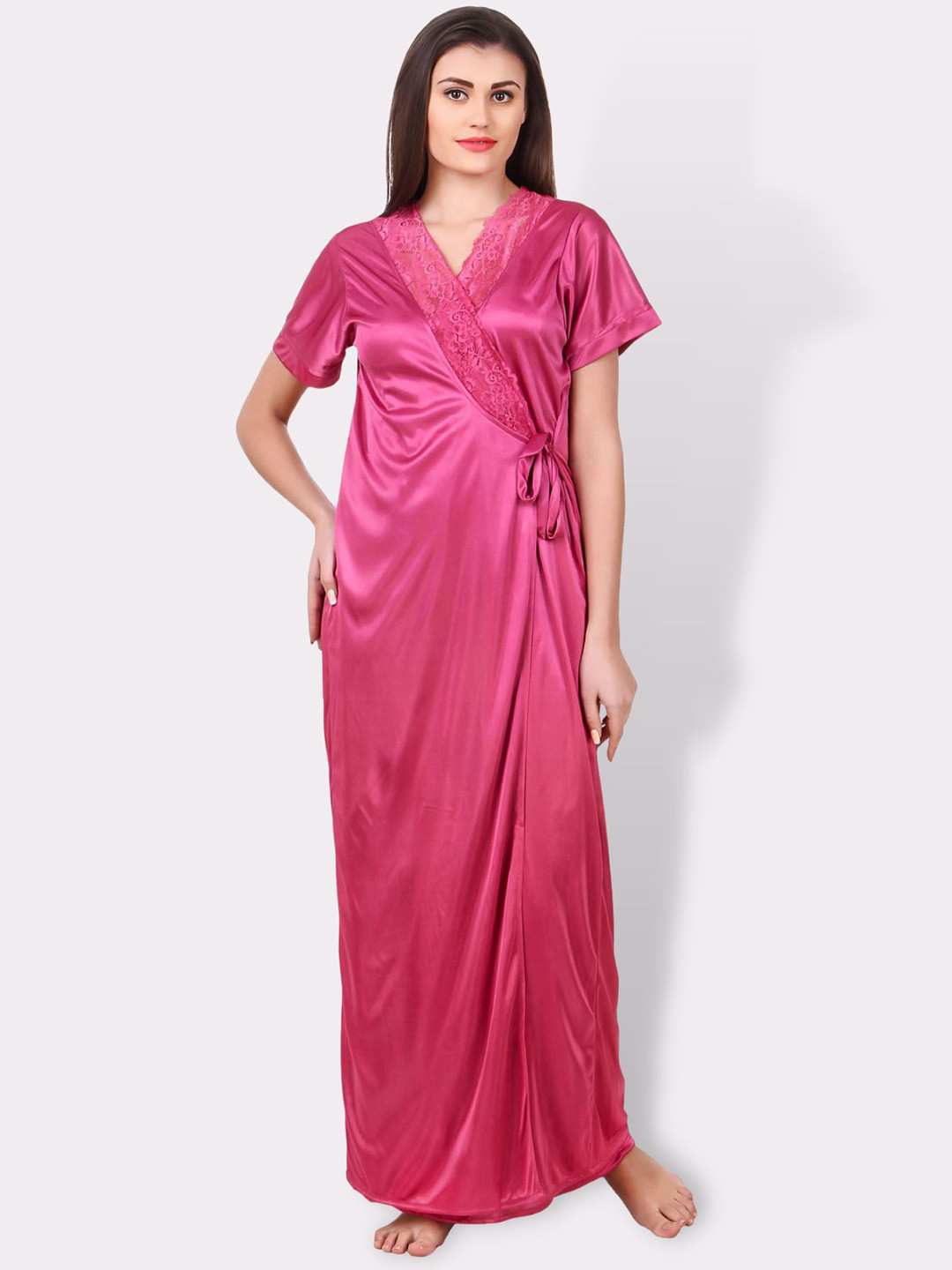 Buy Fasense Pink Solid Wrap Maxi Nightdress - Nightdress for Women ...