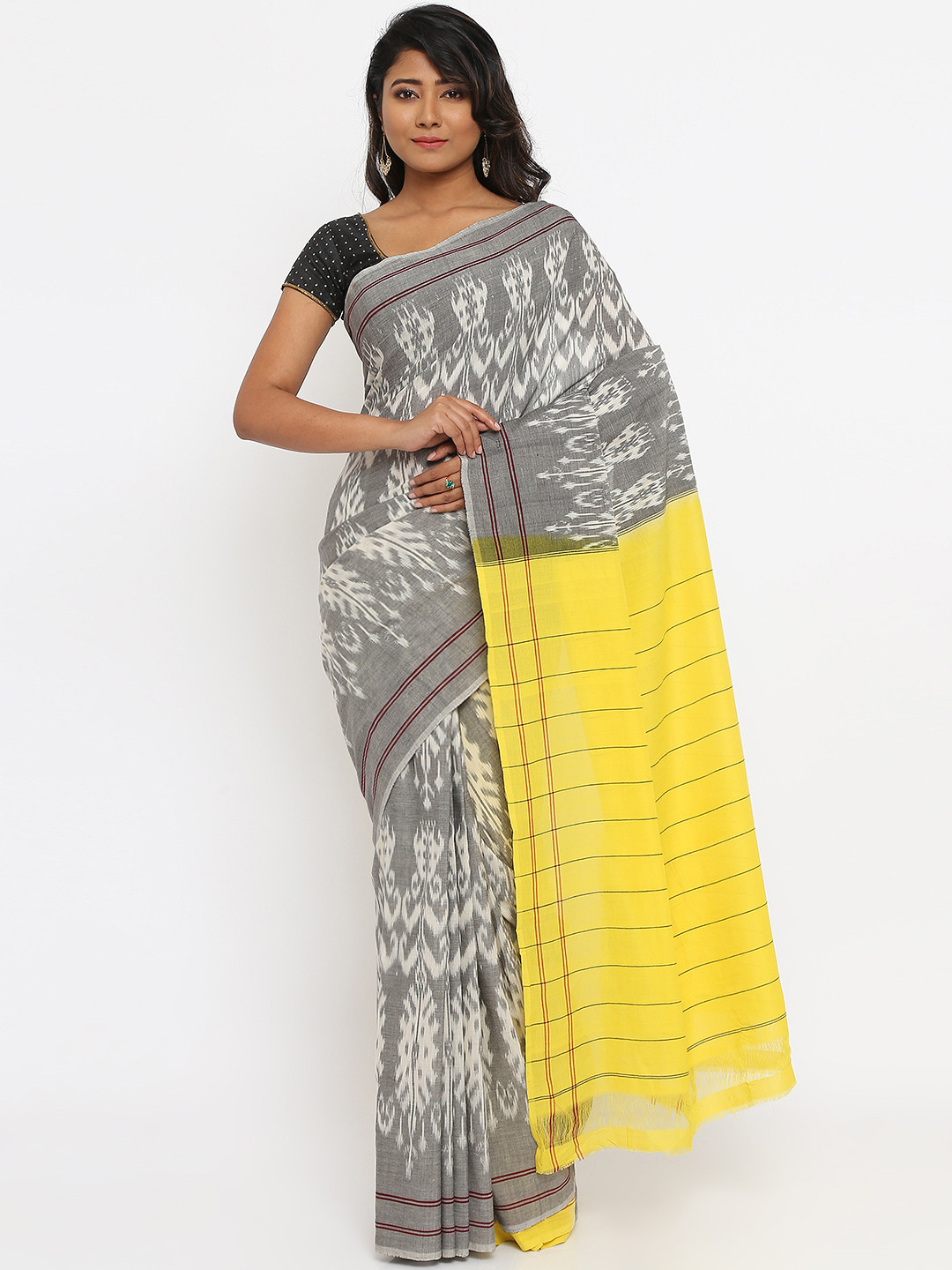Buy Gocoop Grey Pure Cotton Woven Design Pochampally Handloom Saree ...