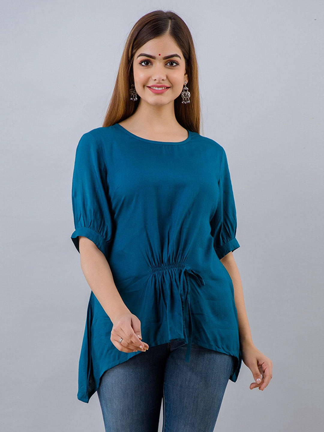 Buy SKY SHOPPIE Woman Navy Blue Solid Casual Half Sleeve High Low Top ...