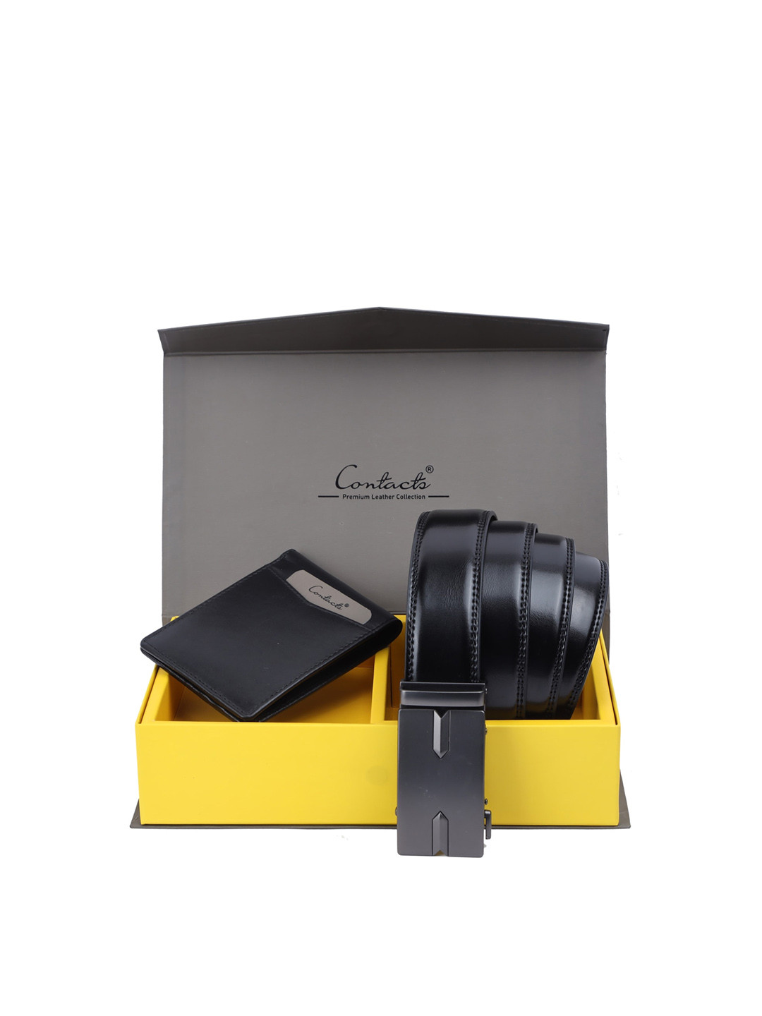 Buy CONTACTS Men Black Solid Leather Belt And Wallet Accessory Gift Set ...