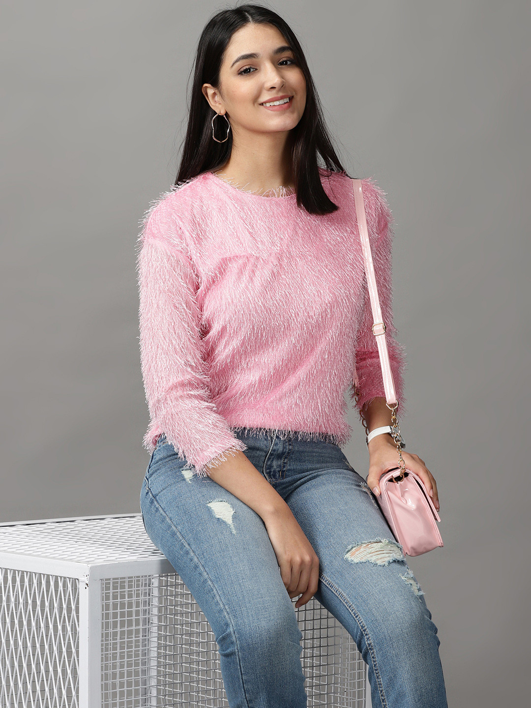 Buy SHOWOFF Pink Round Neck Self Design Top - Tops for Women 20805364 ...