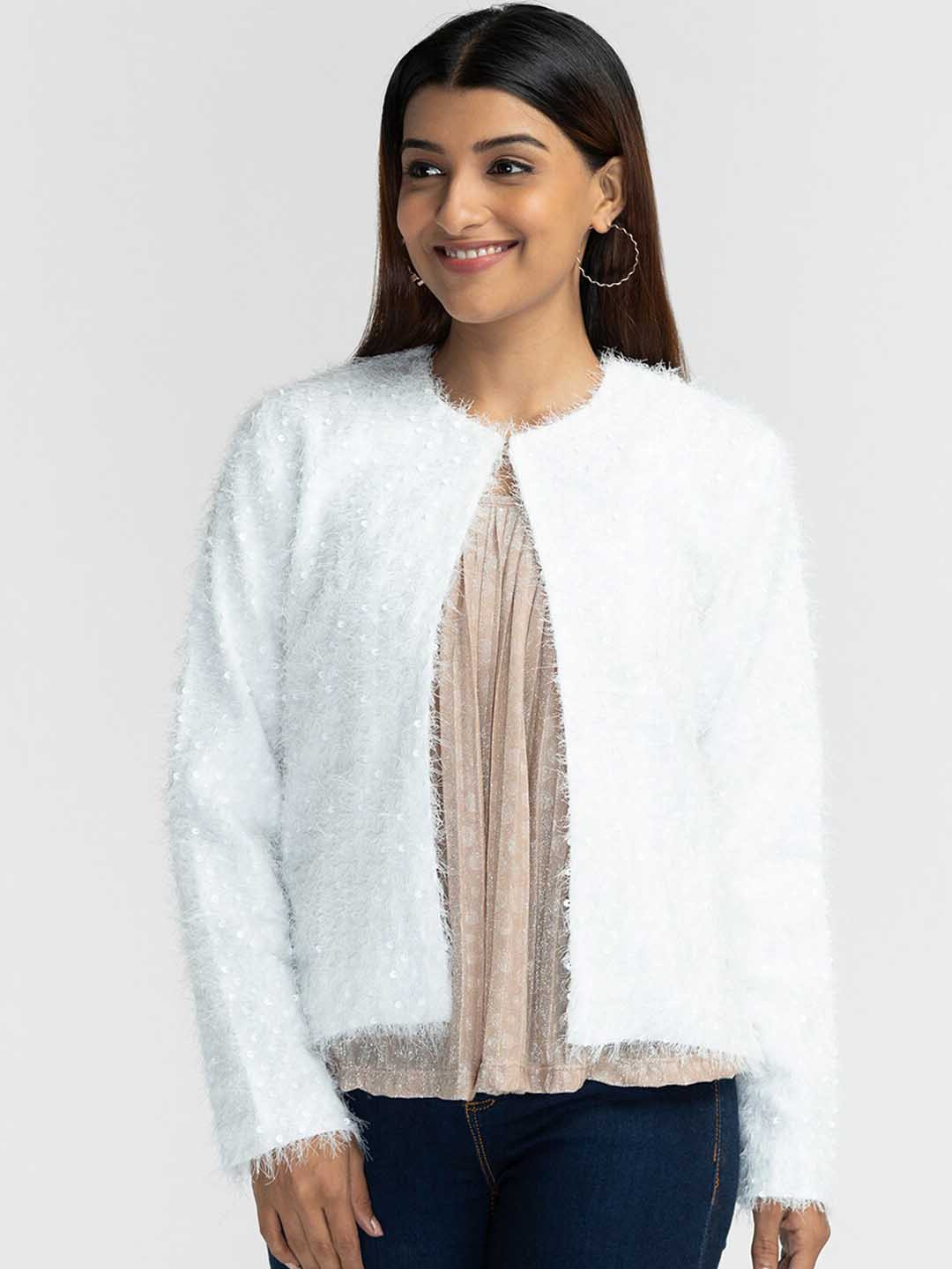 Buy Globus Women White Crop Open Front Jacket - Jackets for Women ...